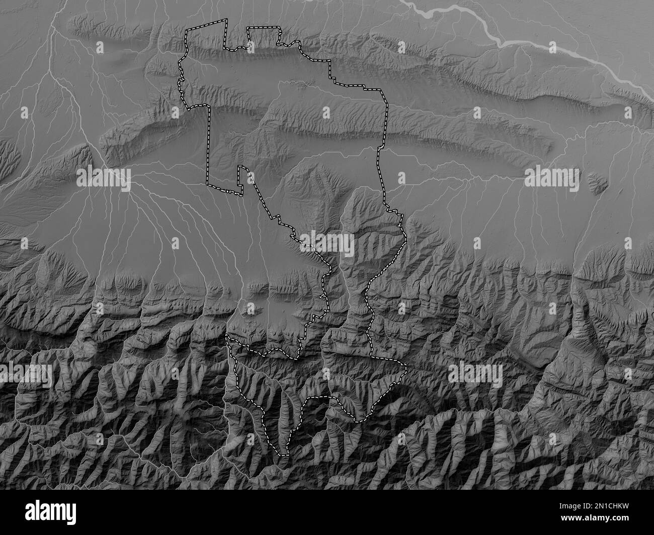 Ingush, republic of Russia. Grayscale elevation map with lakes and ...