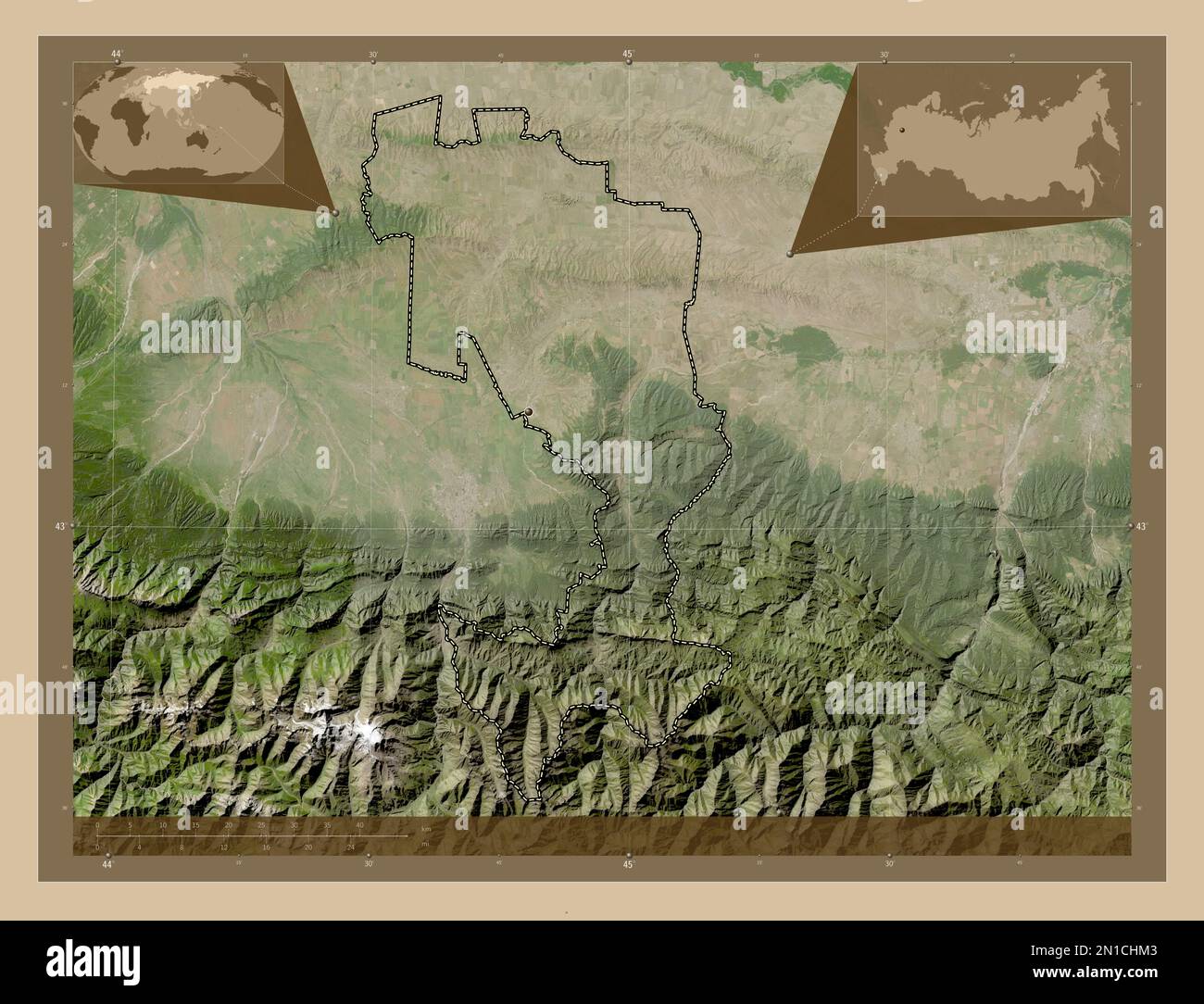 Ingush, republic of Russia. Low resolution satellite map. Corner ...