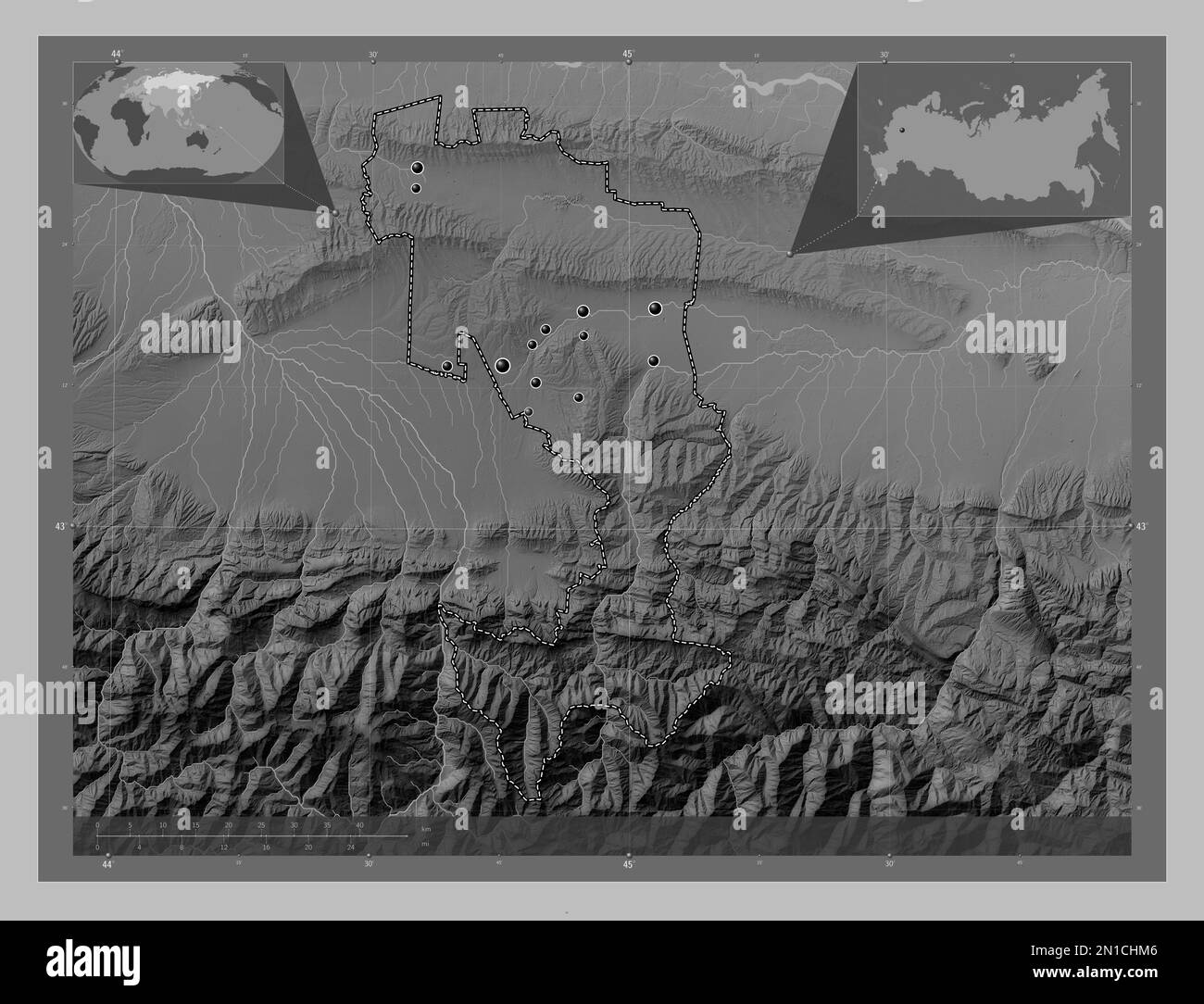 Ingush, republic of Russia. Grayscale elevation map with lakes and ...