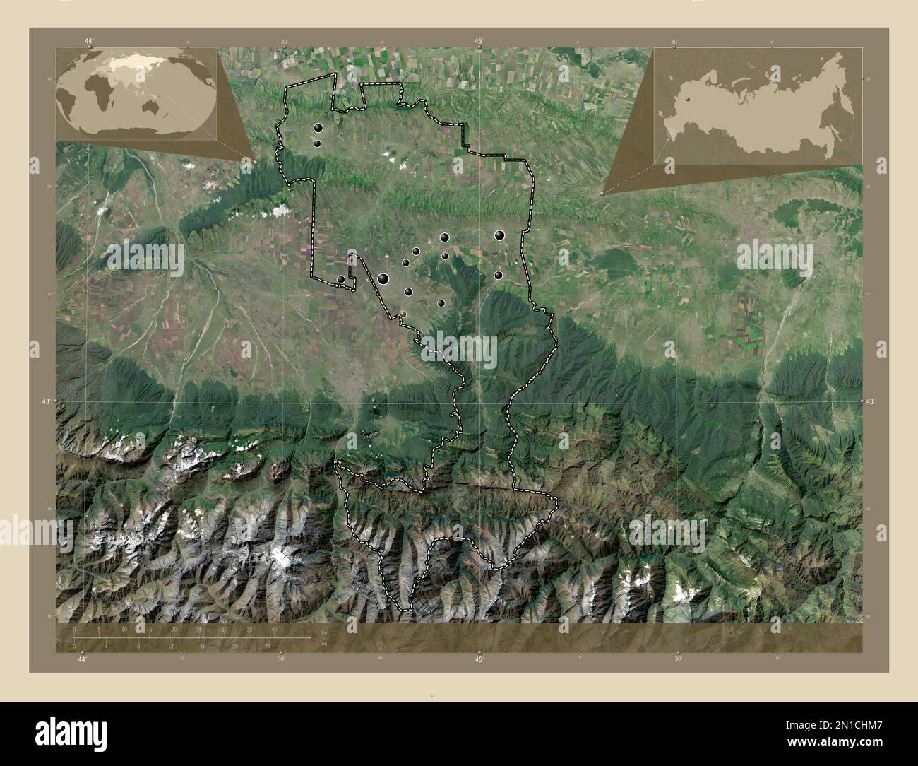 Ingush, republic of Russia. High resolution satellite map. Locations of ...