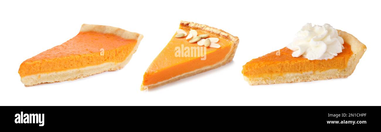 Set of tasty pumpkin pie slices on white background, banner design ...
