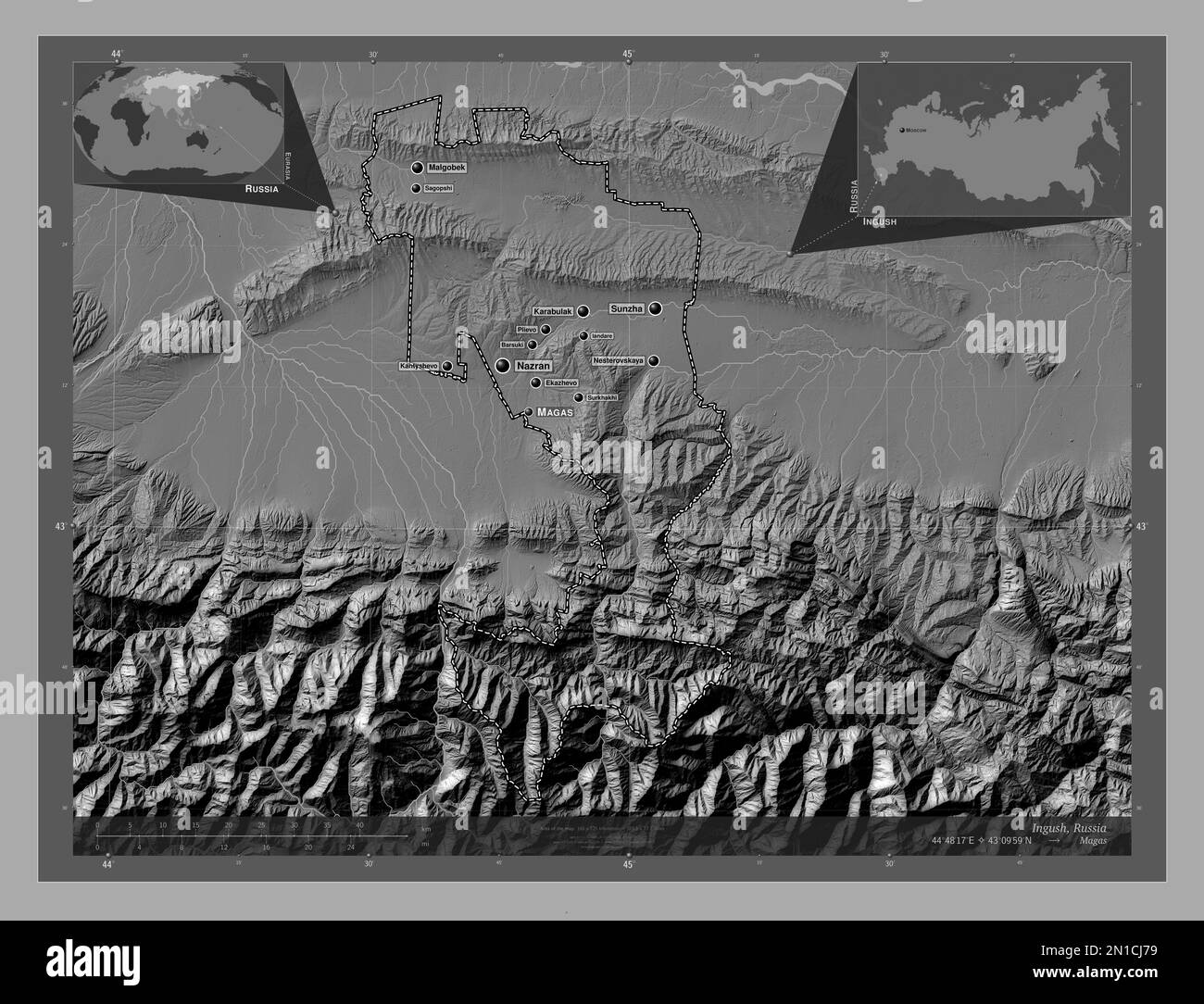Ingush, republic of Russia. Bilevel elevation map with lakes and rivers ...