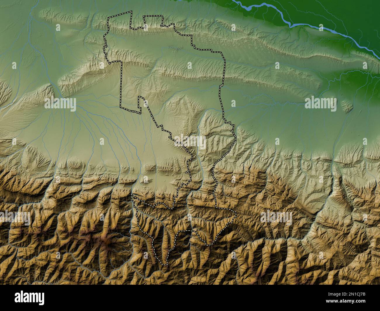 Ingush, republic of Russia. Colored elevation map with lakes and rivers ...