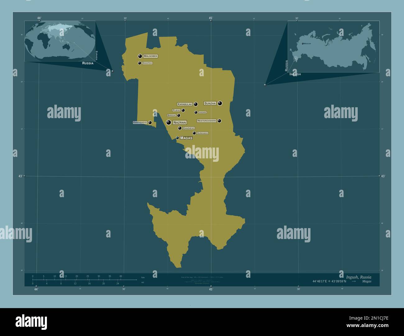 Ingush, republic of Russia. Solid color shape. Locations and names of ...