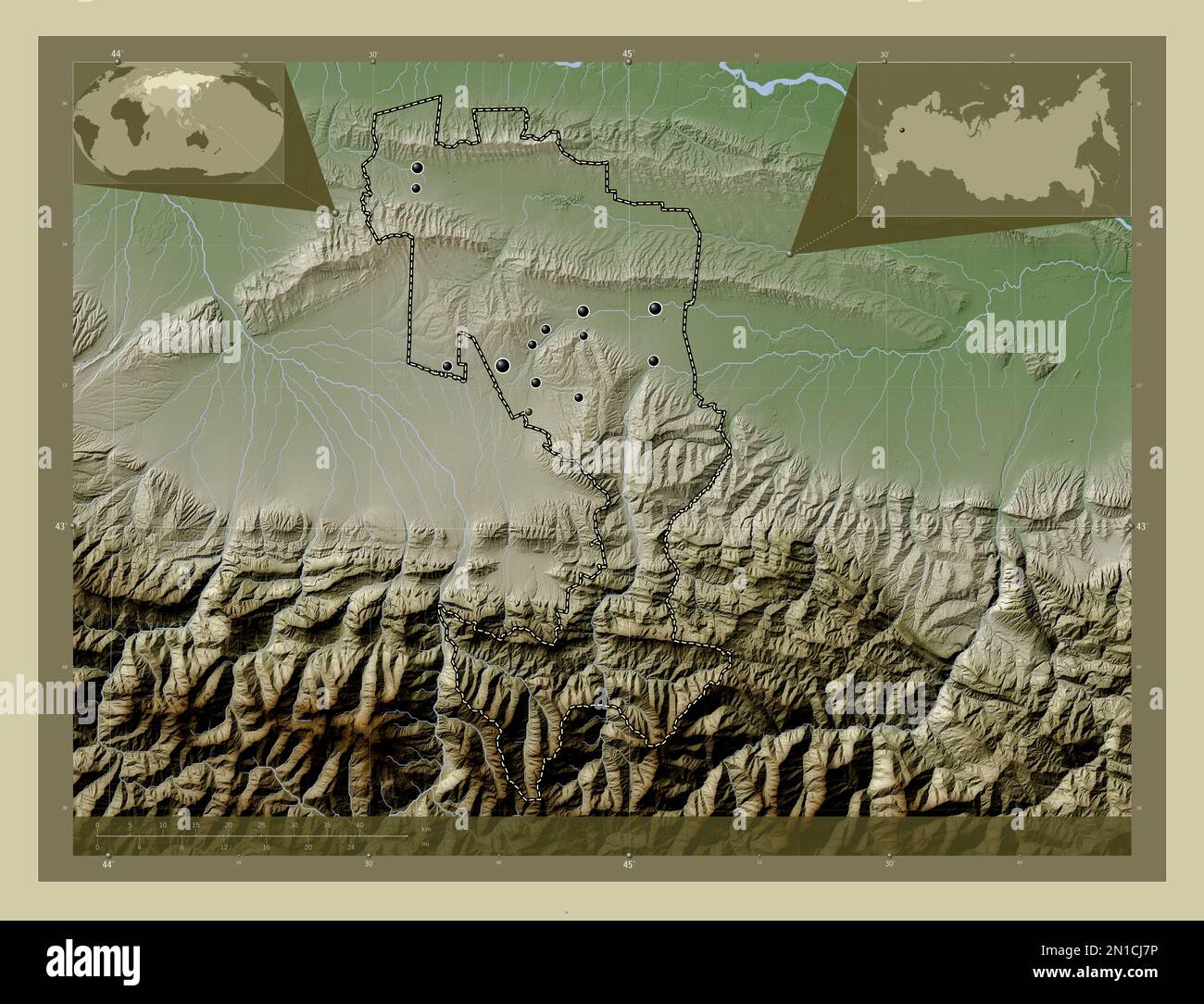 Ingush, republic of Russia. Elevation map colored in wiki style with ...