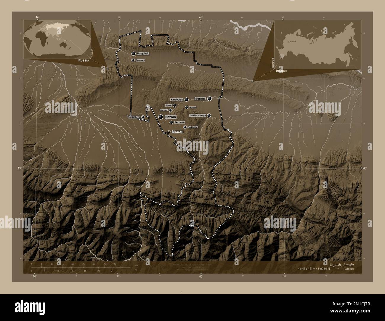 Ingush, republic of Russia. Elevation map colored in sepia tones with ...