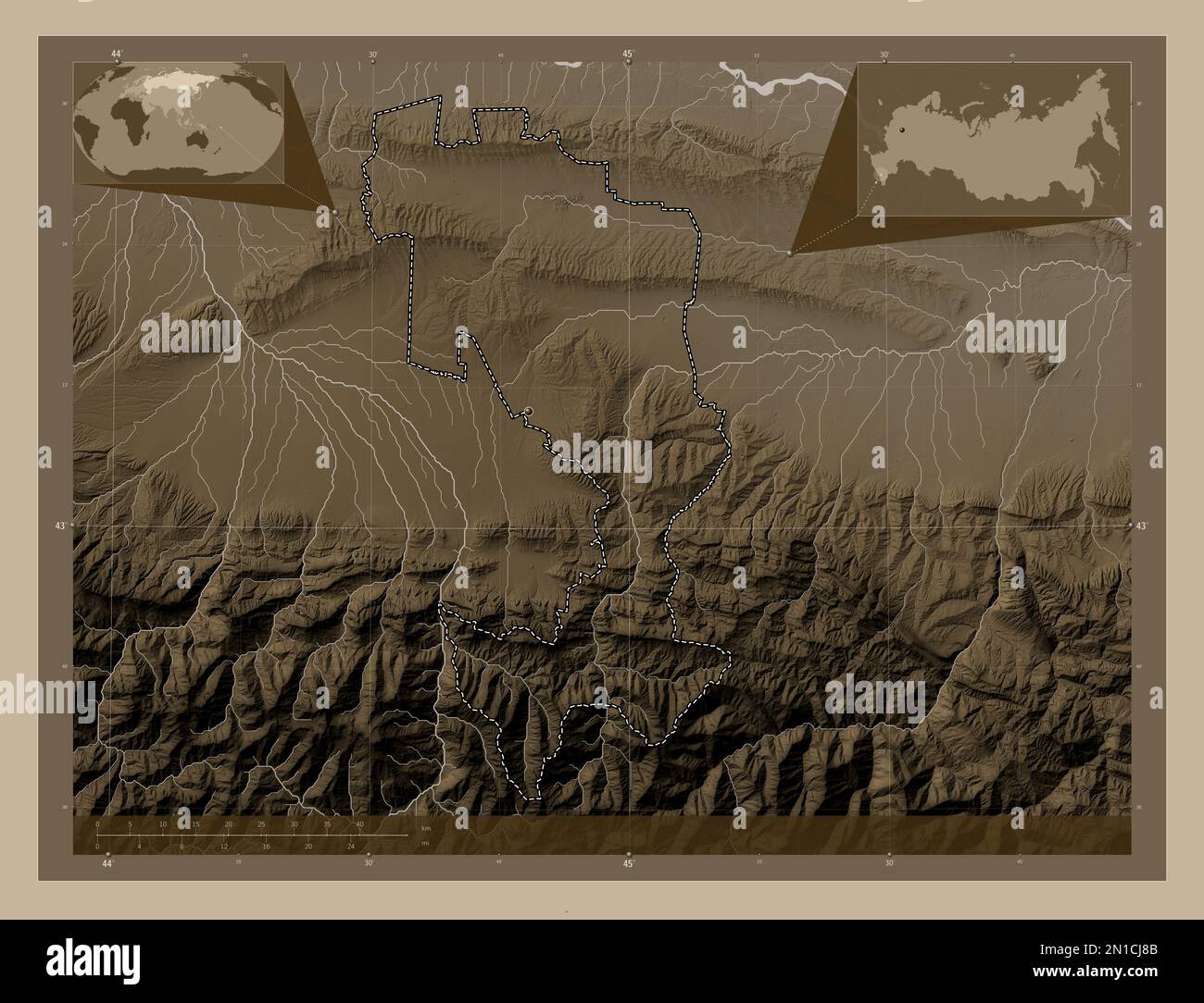 Ingush, republic of Russia. Elevation map colored in sepia tones with ...