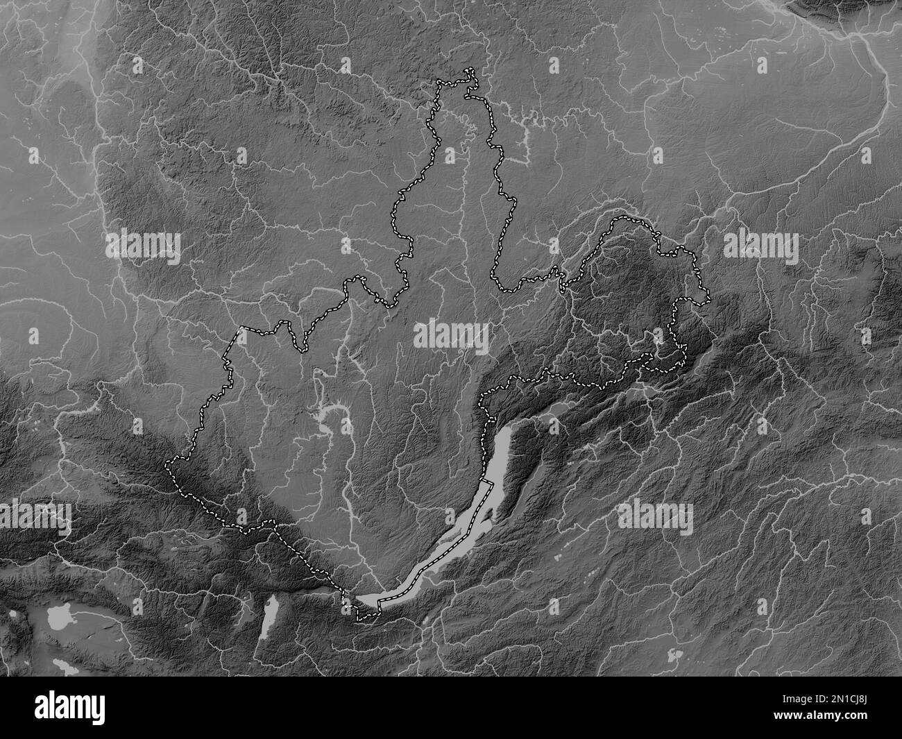 Irkutsk, region of Russia. Grayscale elevation map with lakes and ...