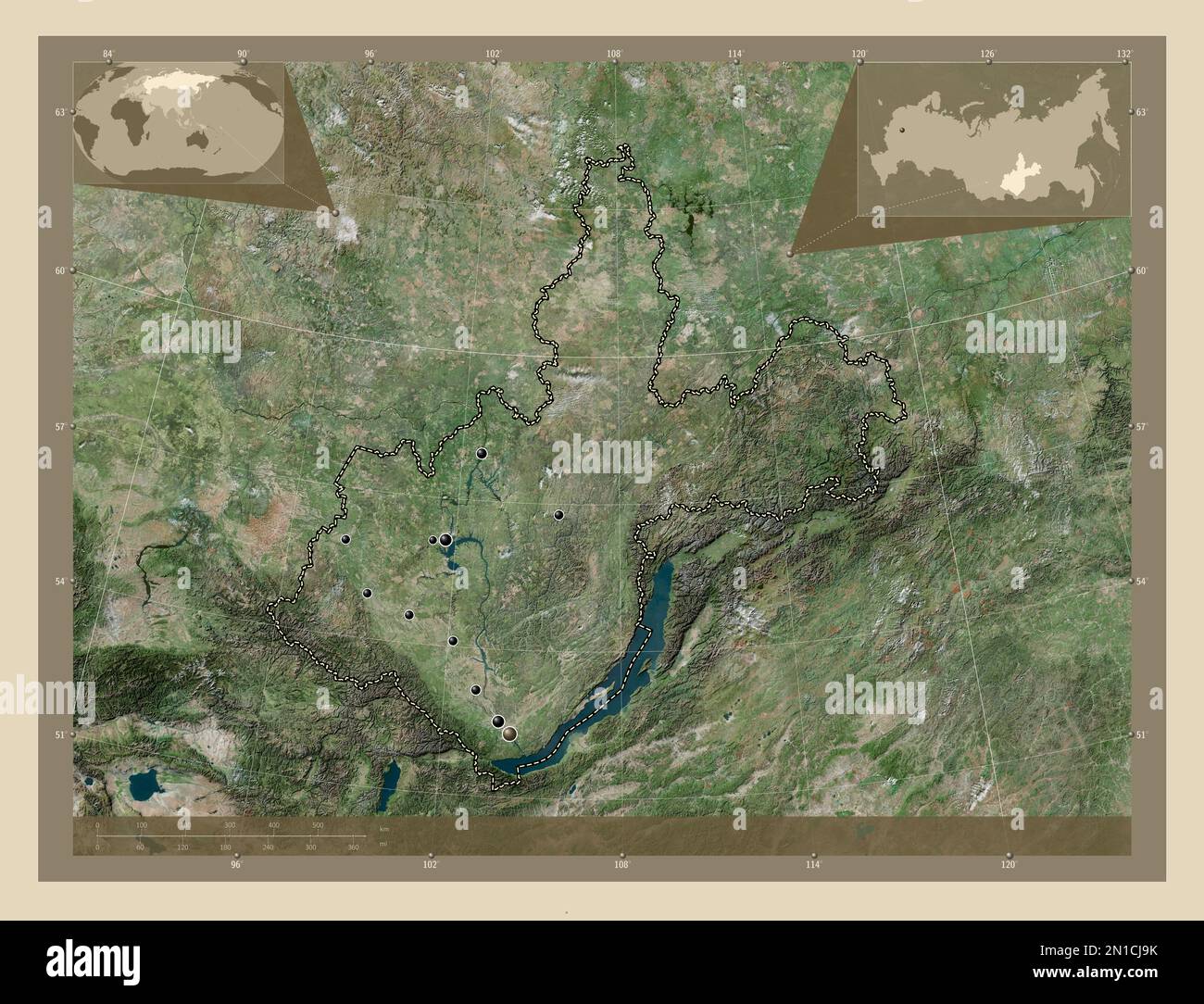 Irkutsk, region of Russia. High resolution satellite map. Locations of ...