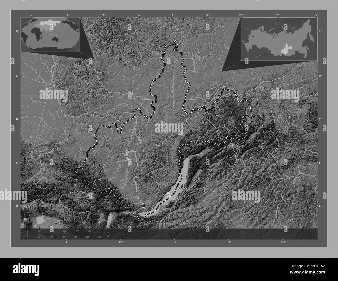 Irkutsk, region of Russia. Bilevel elevation map with lakes and rivers ...