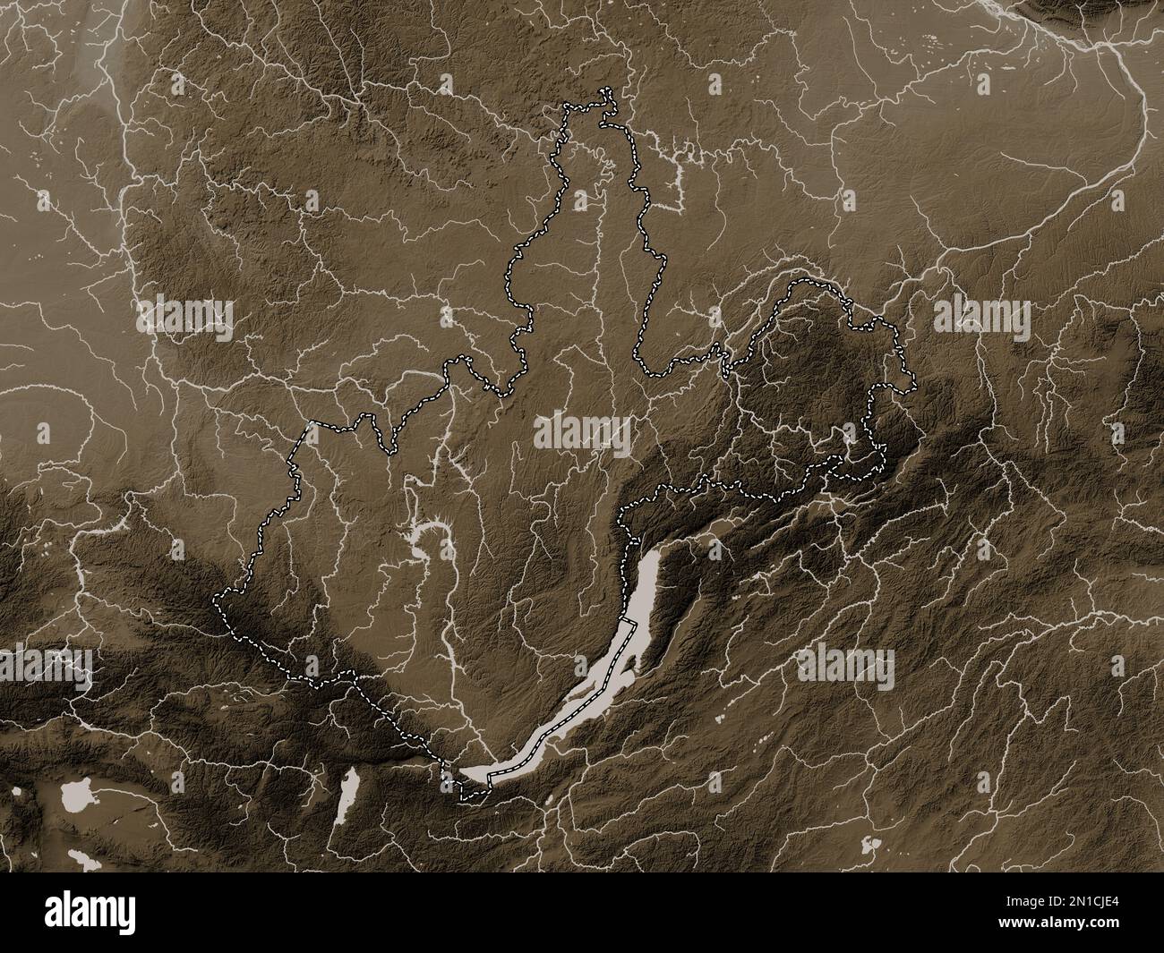 Irkutsk, region of Russia. Elevation map colored in sepia tones with ...