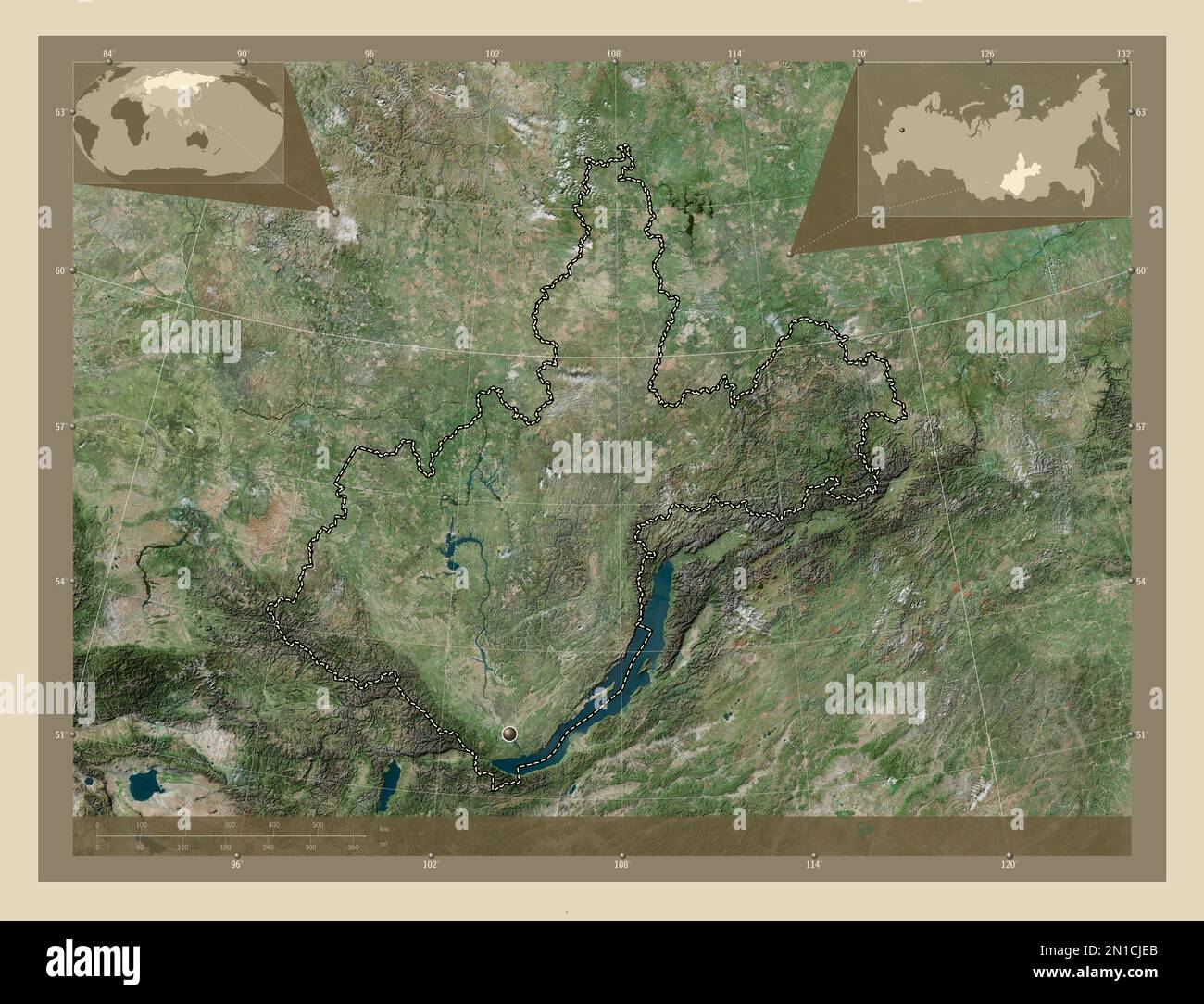 Irkutsk, region of Russia. High resolution satellite map. Corner ...