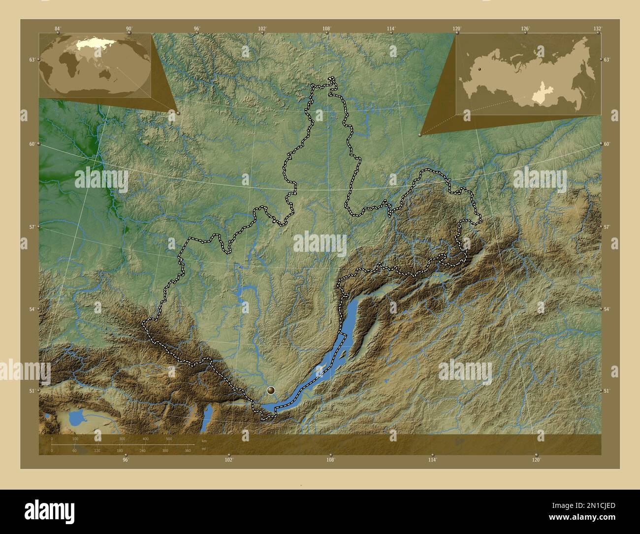 Irkutsk, region of Russia. Colored elevation map with lakes and rivers ...