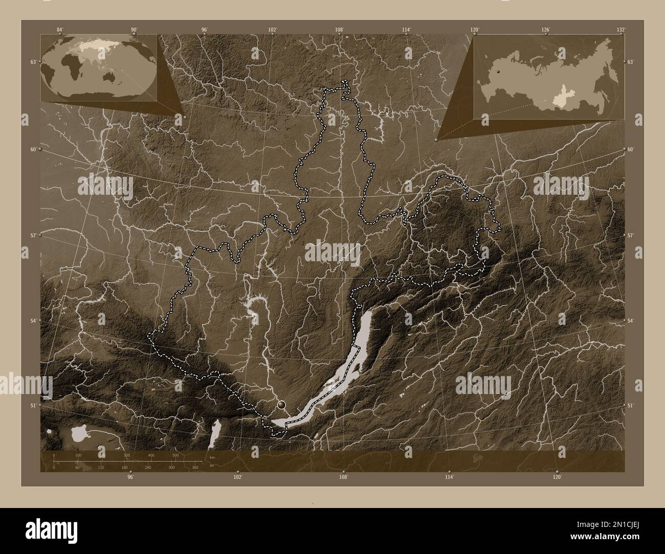 Irkutsk, region of Russia. Elevation map colored in sepia tones with ...