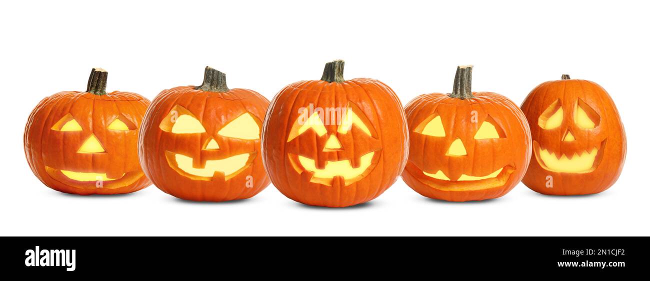 Set of carved Halloween pumpkins on white background. Banner design ...