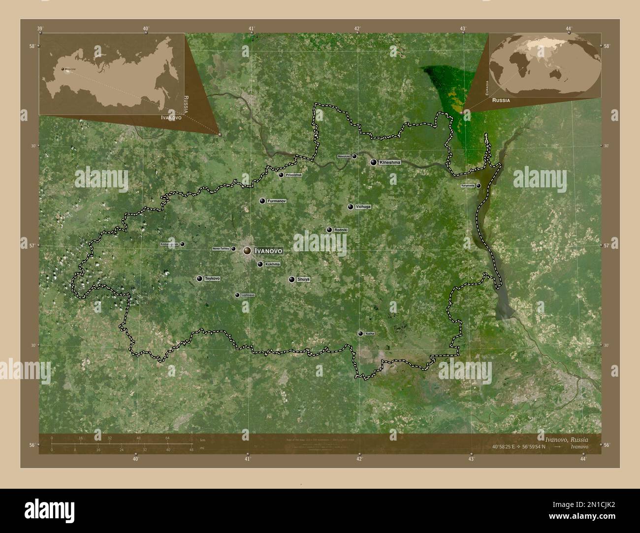 Ivanovo, region of Russia. Low resolution satellite map. Locations and ...