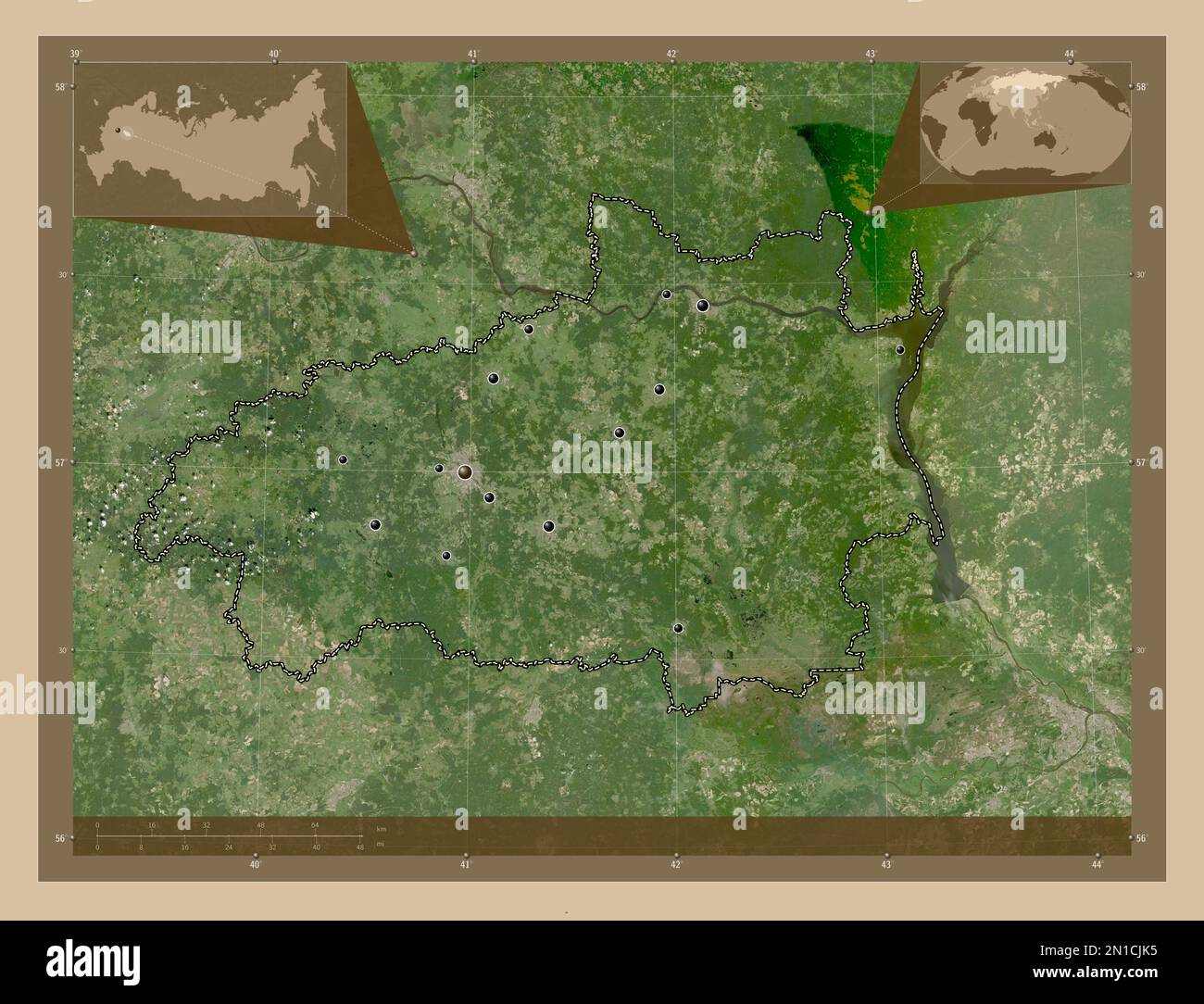 Ivanovo, region of Russia. Low resolution satellite map. Locations of ...