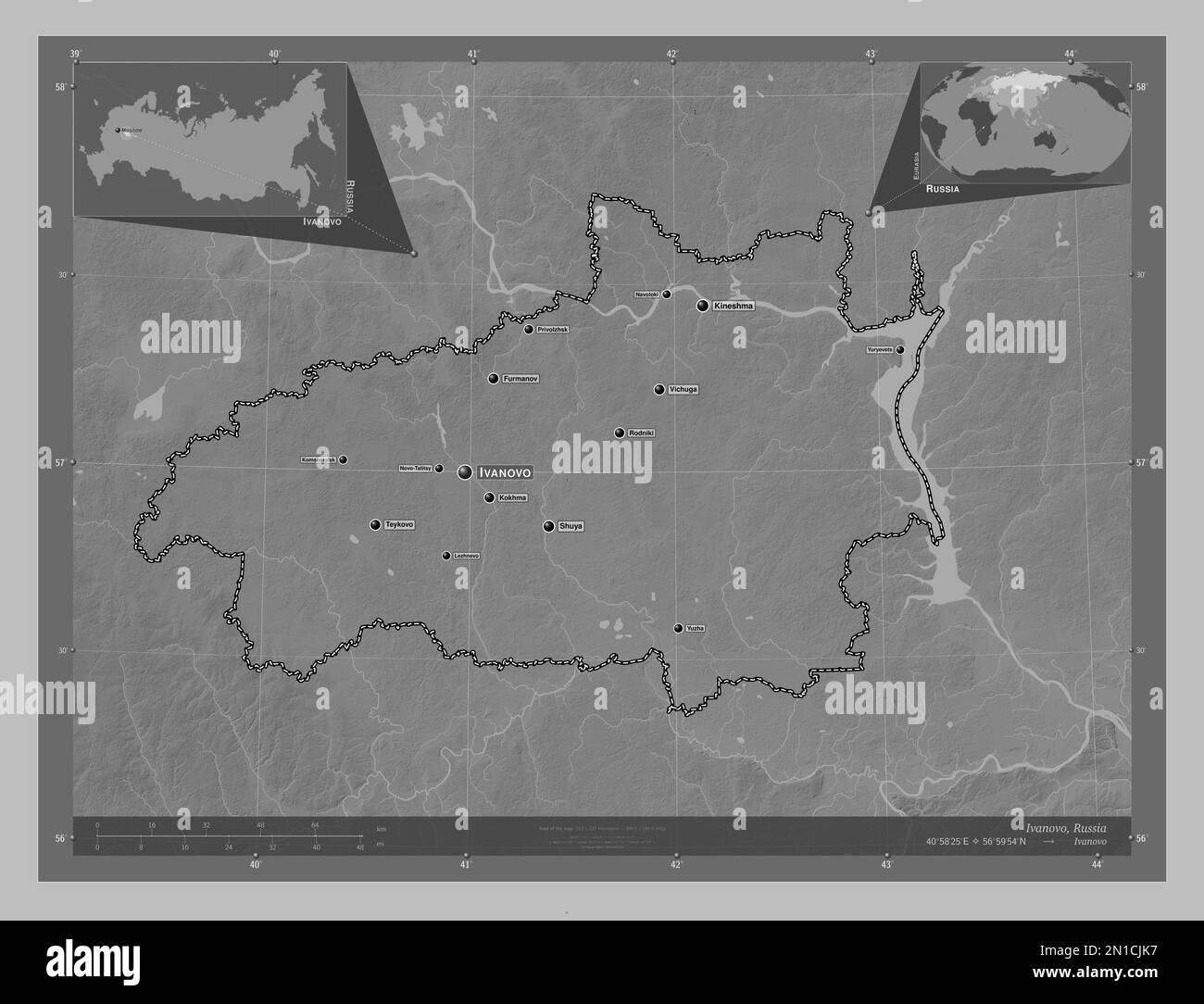 Ivanovo, region of Russia. Grayscale elevation map with lakes and ...