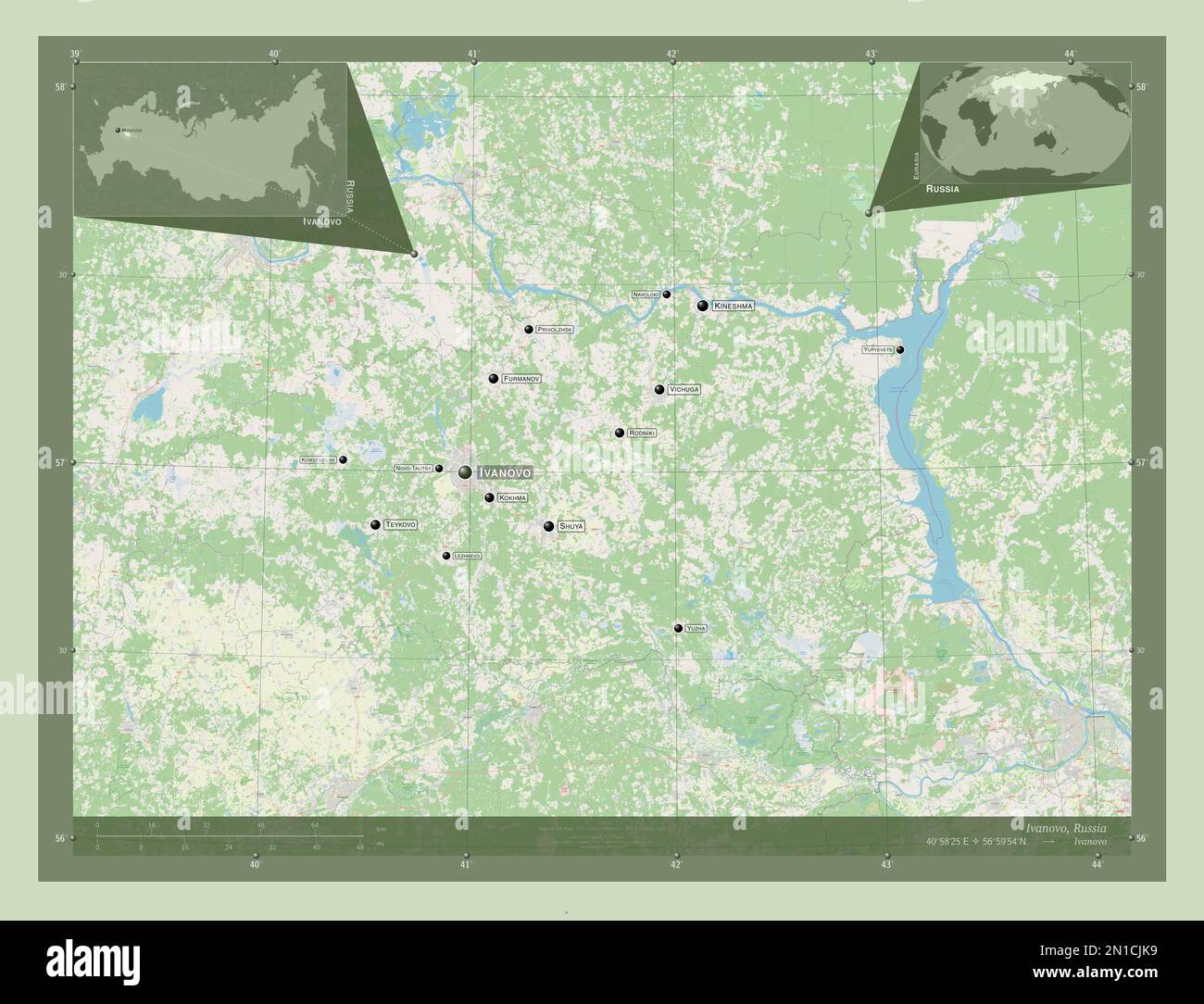 Ivanovo, region of Russia. Open Street Map. Locations and names of ...