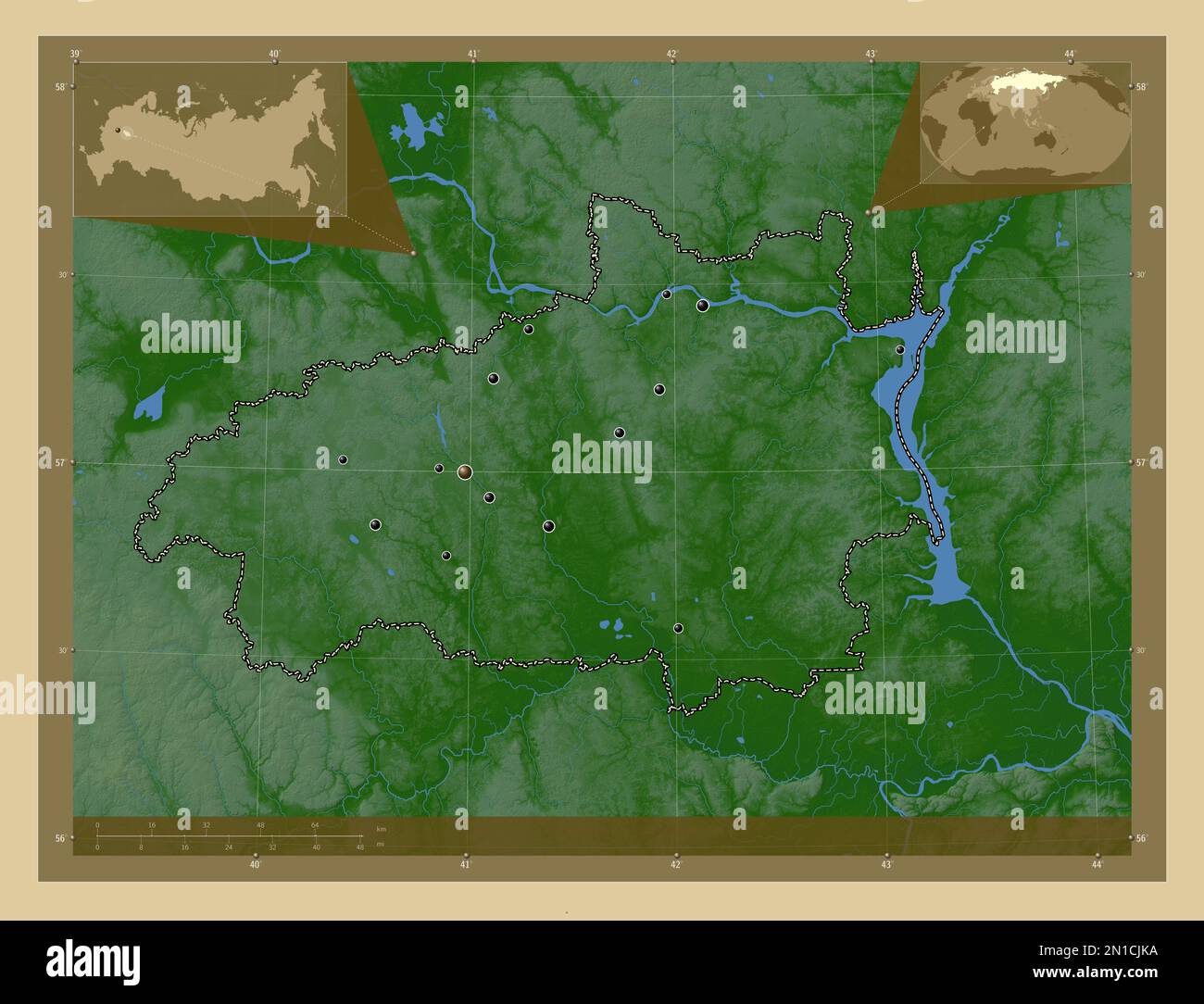 Ivanovo, region of Russia. Colored elevation map with lakes and rivers ...