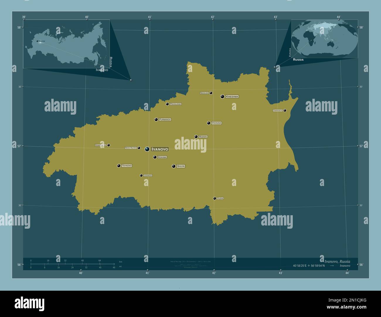 Ivanovo, region of Russia. Solid color shape. Locations and names of ...