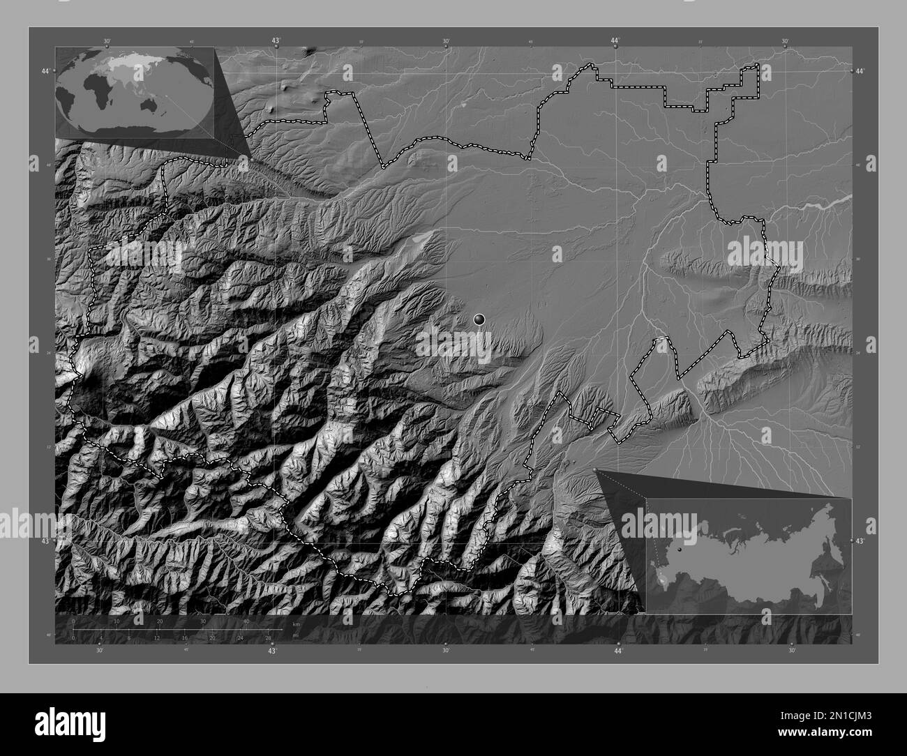 Kabardin-Balkar, republic of Russia. Bilevel elevation map with lakes ...
