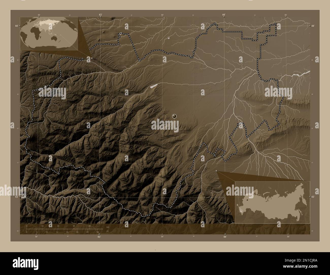Kabardin-Balkar, republic of Russia. Elevation map colored in sepia ...
