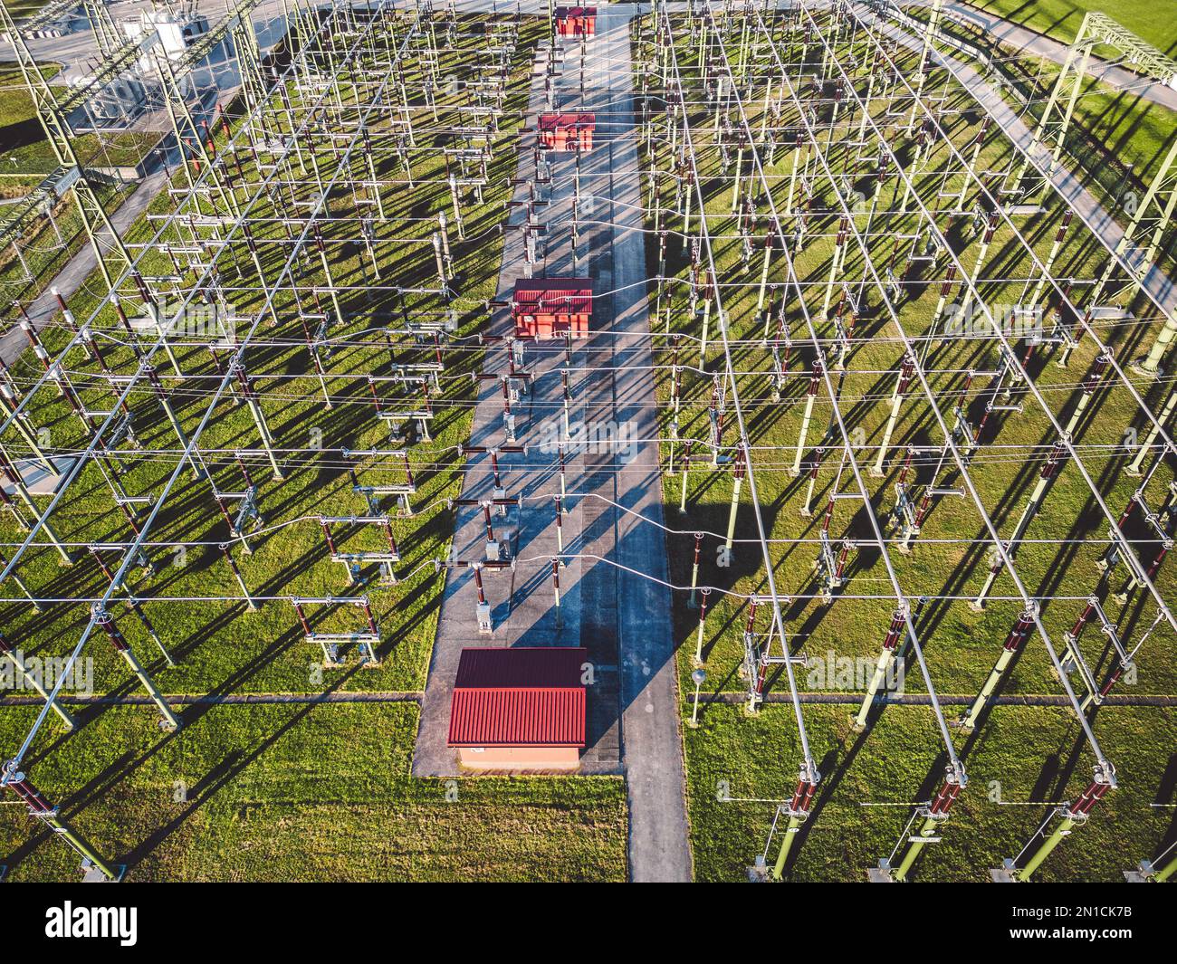 Looking down at electrical cables running at the electrical substation ...