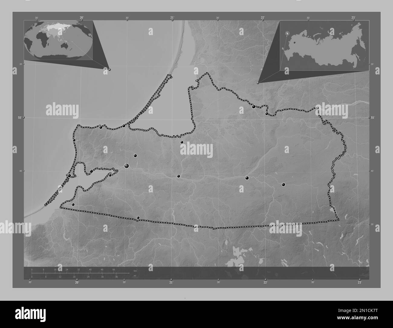 Kaliningrad, region of Russia. Grayscale elevation map with lakes and ...