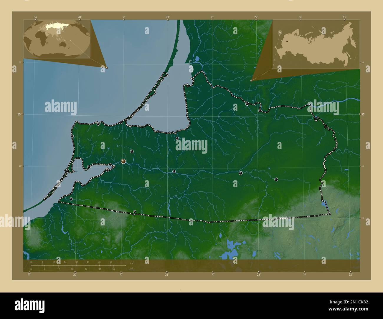 Kaliningrad, region of Russia. Colored elevation map with lakes and ...