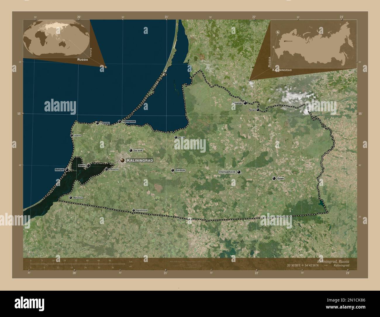 Kaliningrad, region of Russia. Low resolution satellite map. Locations ...