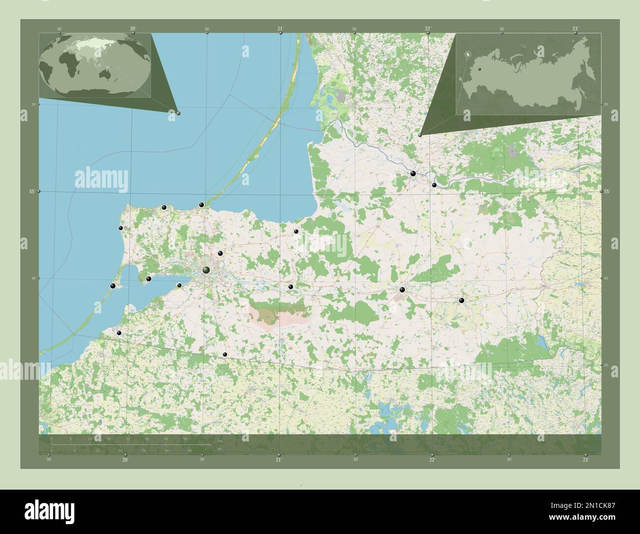 Kaliningrad, region of Russia. Open Street Map. Locations of major ...