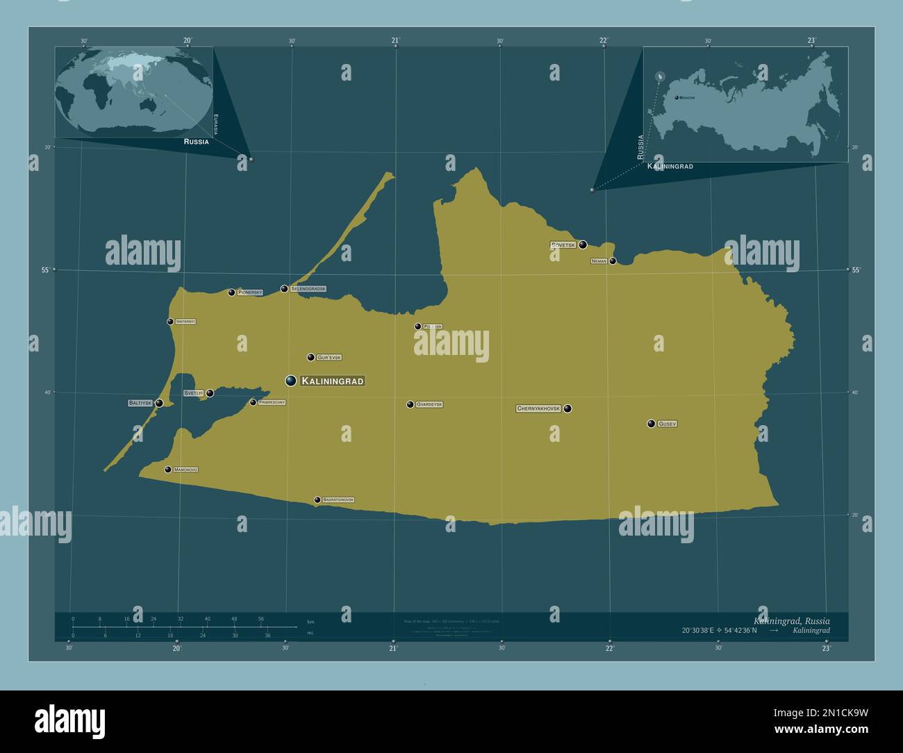 Kaliningrad, region of Russia. Solid color shape. Locations and names ...