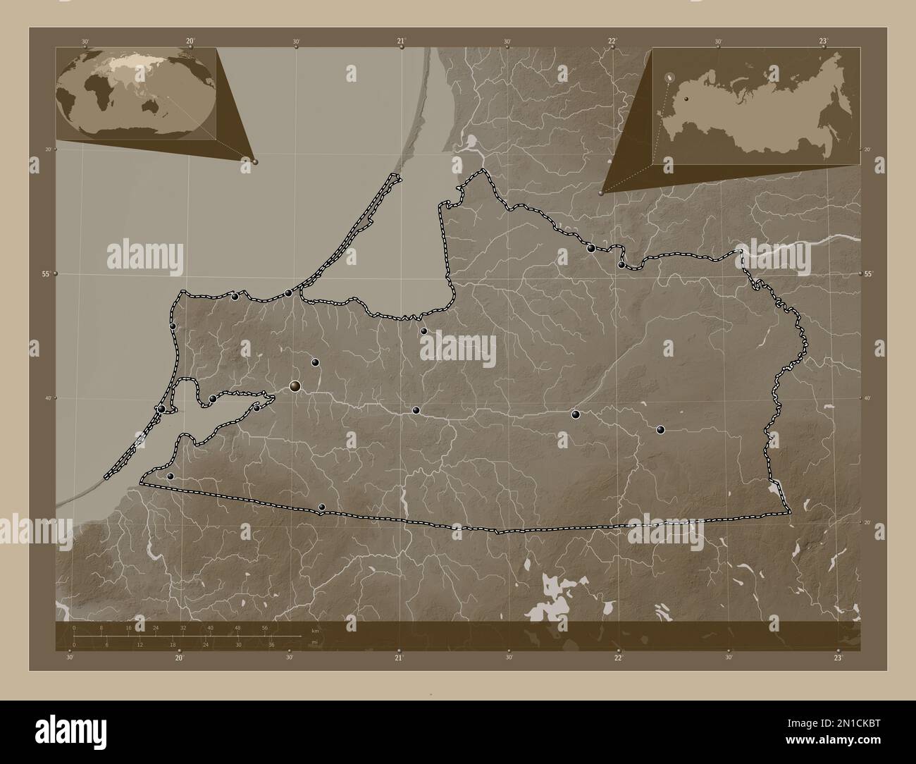 Kaliningrad, region of Russia. Elevation map colored in sepia tones ...