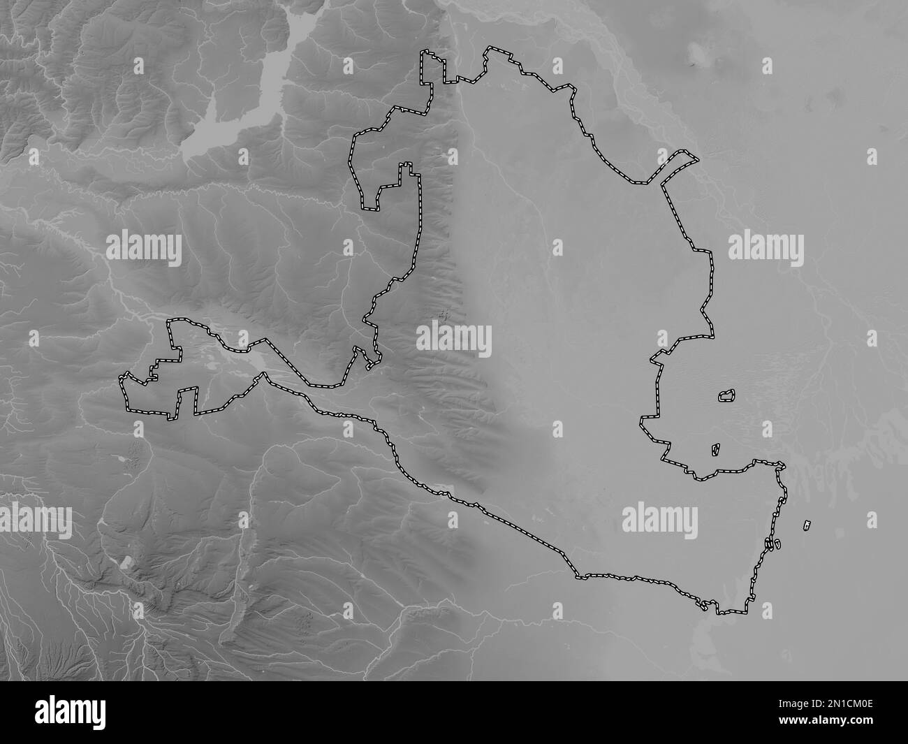 Kalmyk, republic of Russia. Grayscale elevation map with lakes and ...