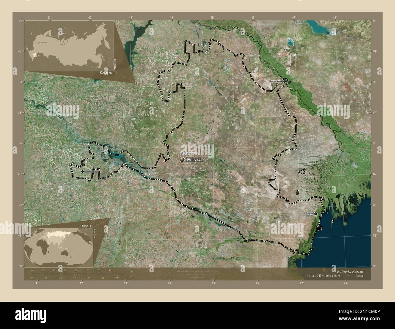 Kalmyk, republic of Russia. High resolution satellite map. Locations ...