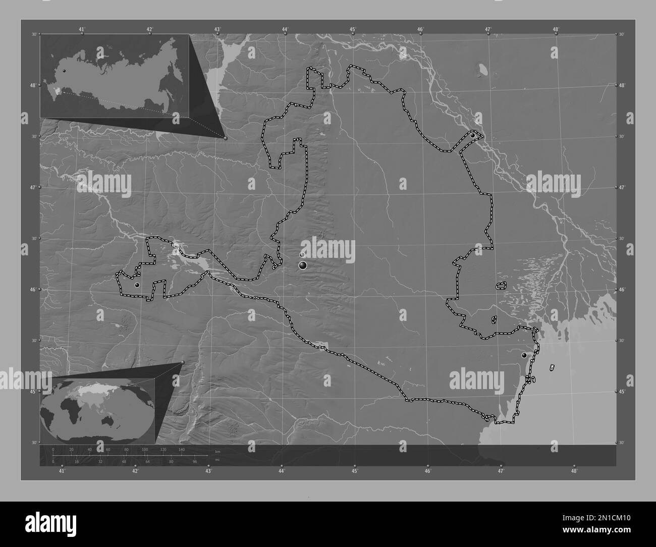 Kalmyk, republic of Russia. Bilevel elevation map with lakes and rivers ...