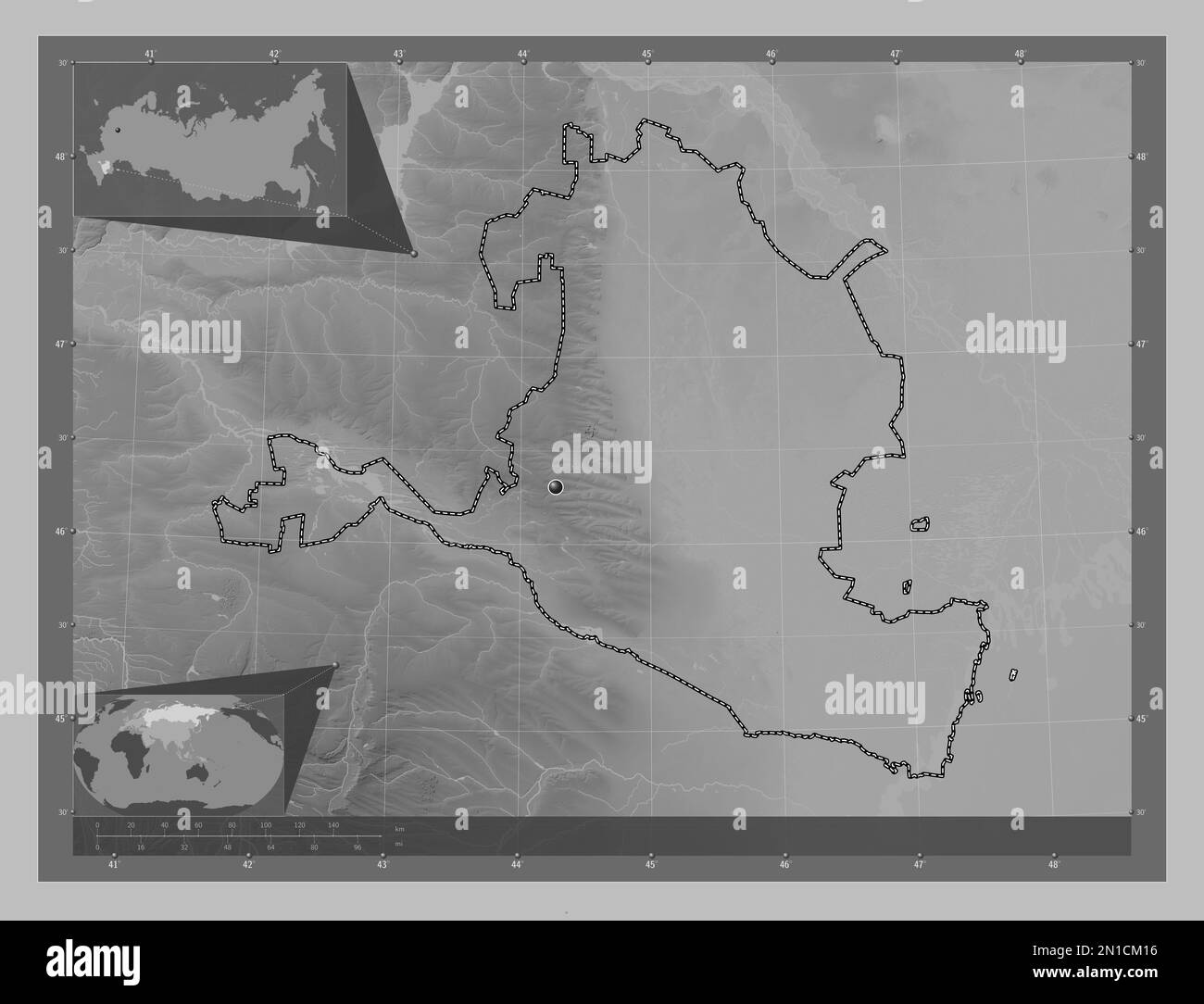 Kalmyk, republic of Russia. Grayscale elevation map with lakes and ...