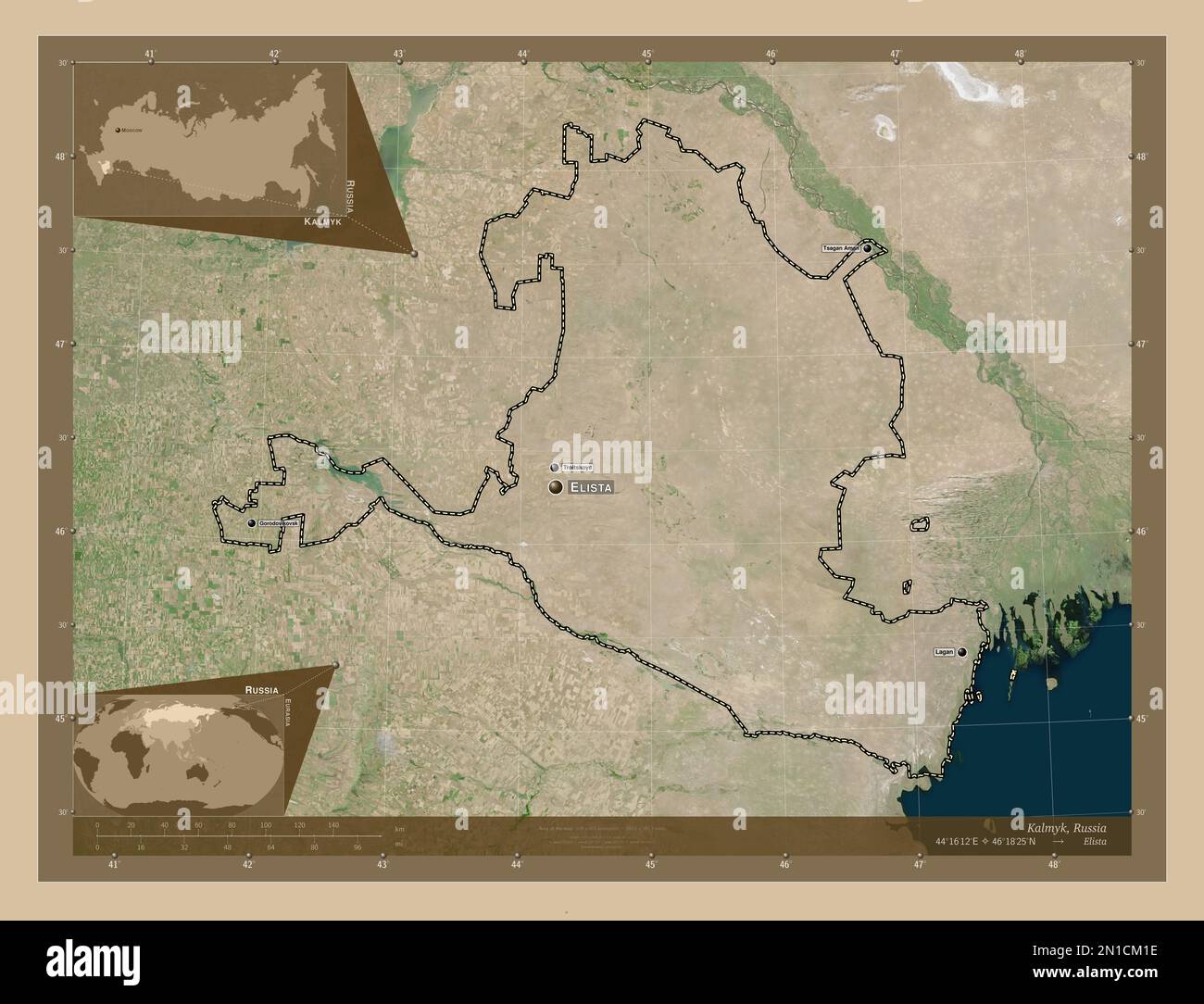 Kalmyk, republic of Russia. Low resolution satellite map. Locations and ...