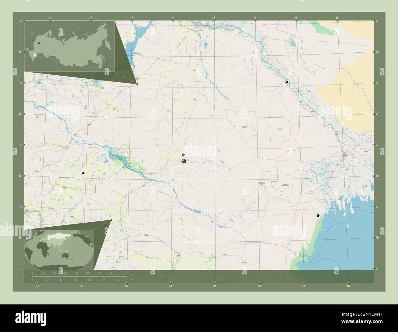 Kalmyk, republic of Russia. Open Street Map. Locations of major cities ...