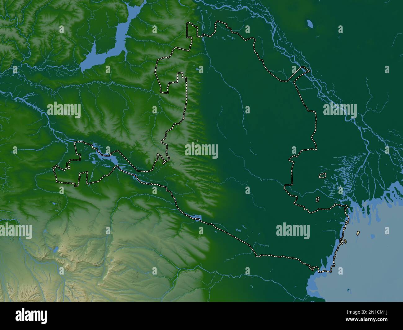 Kalmyk, republic of Russia. Colored elevation map with lakes and rivers ...