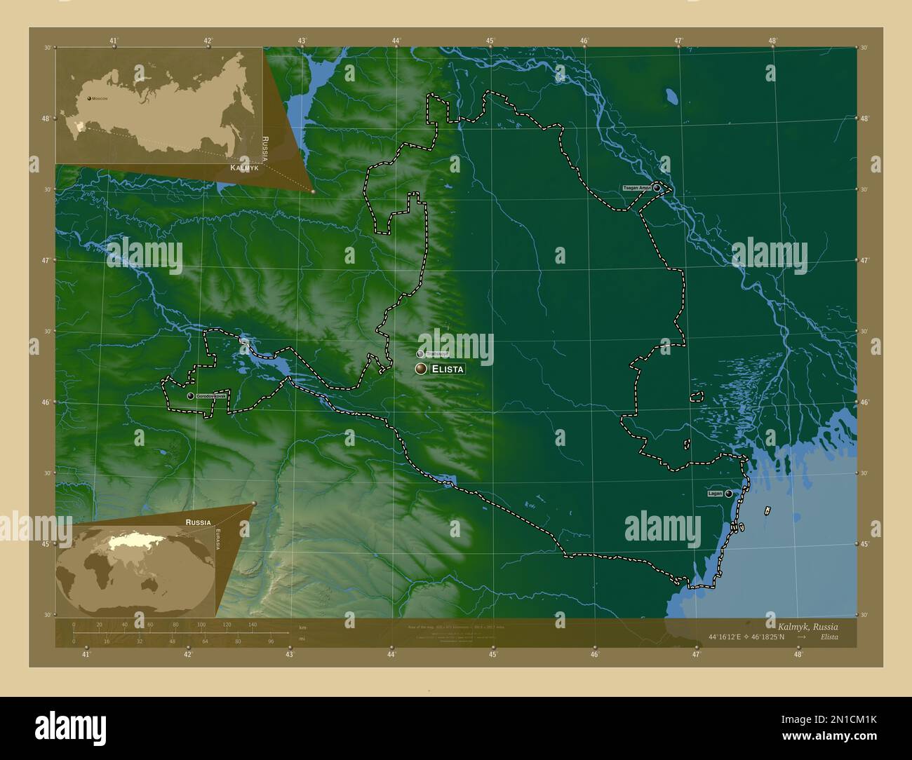 Kalmyk, republic of Russia. Colored elevation map with lakes and rivers ...