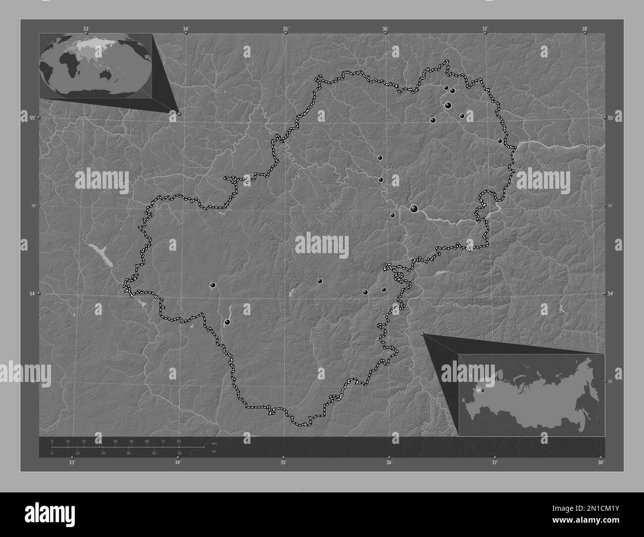 Kaluga, region of Russia. Bilevel elevation map with lakes and rivers ...