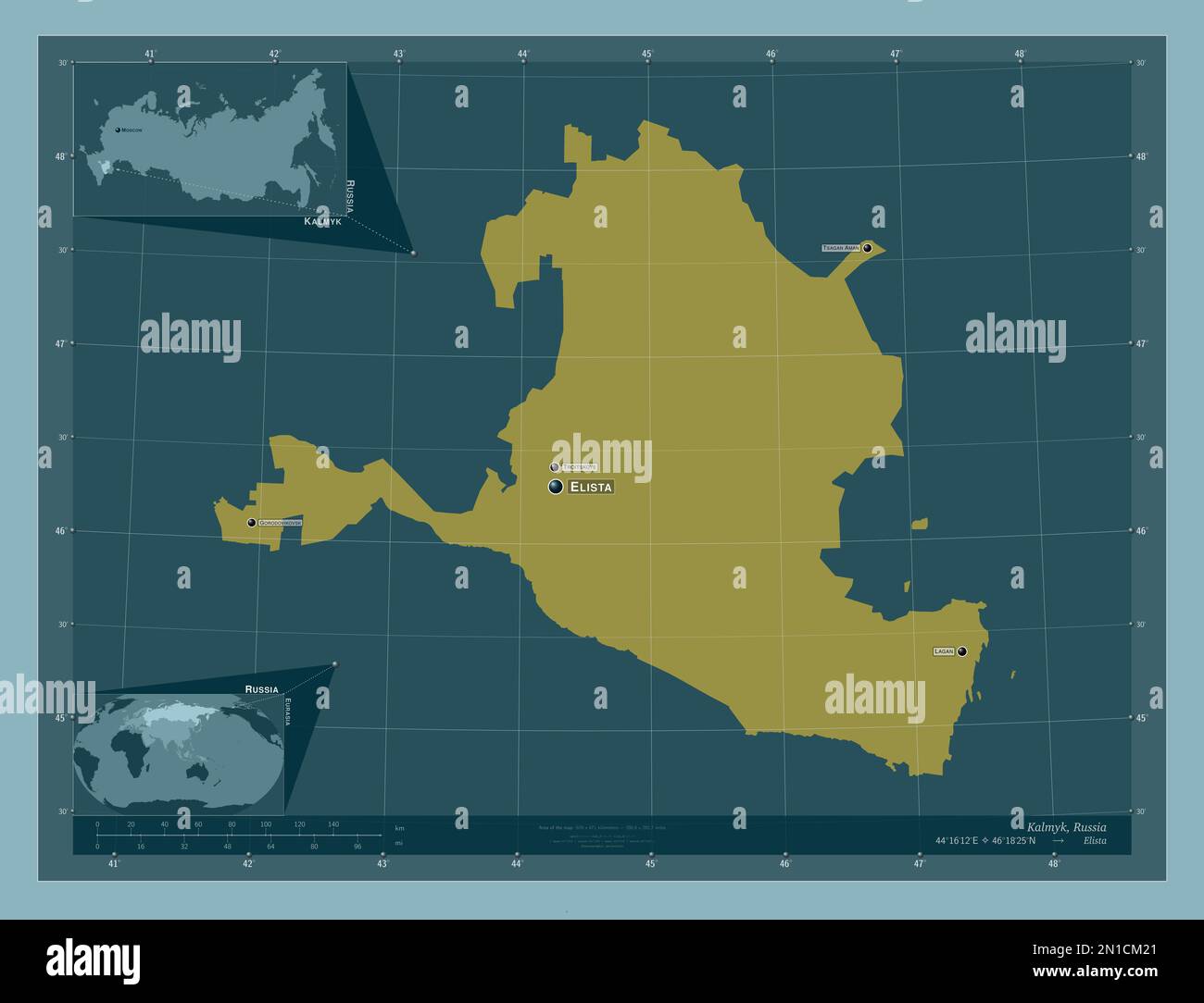 Kalmyk, republic of Russia. Solid color shape. Locations and names of ...