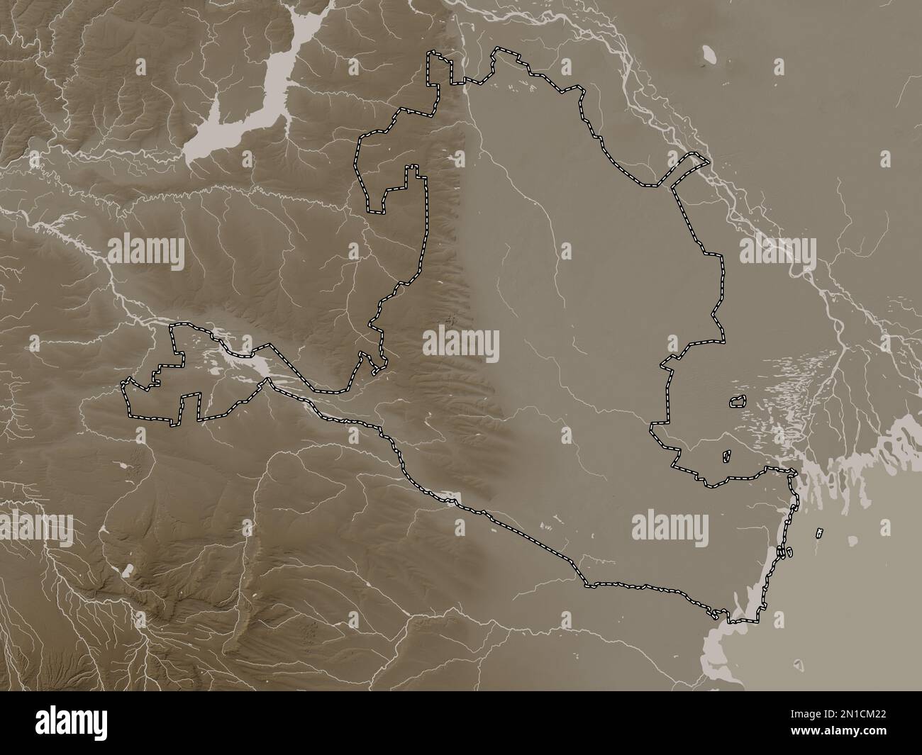 Kalmyk, republic of Russia. Elevation map colored in sepia tones with ...