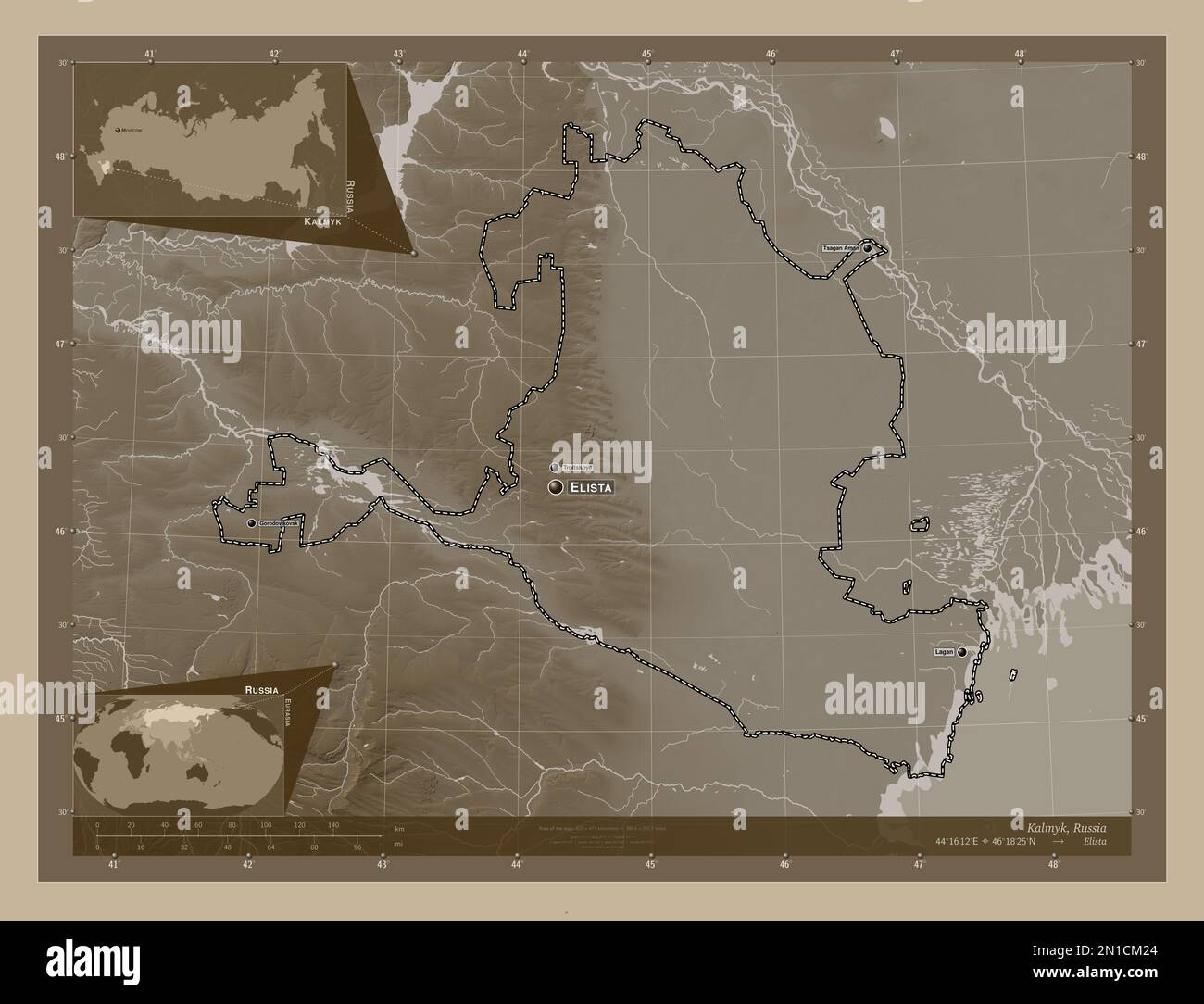 Kalmyk, republic of Russia. Elevation map colored in sepia tones with ...