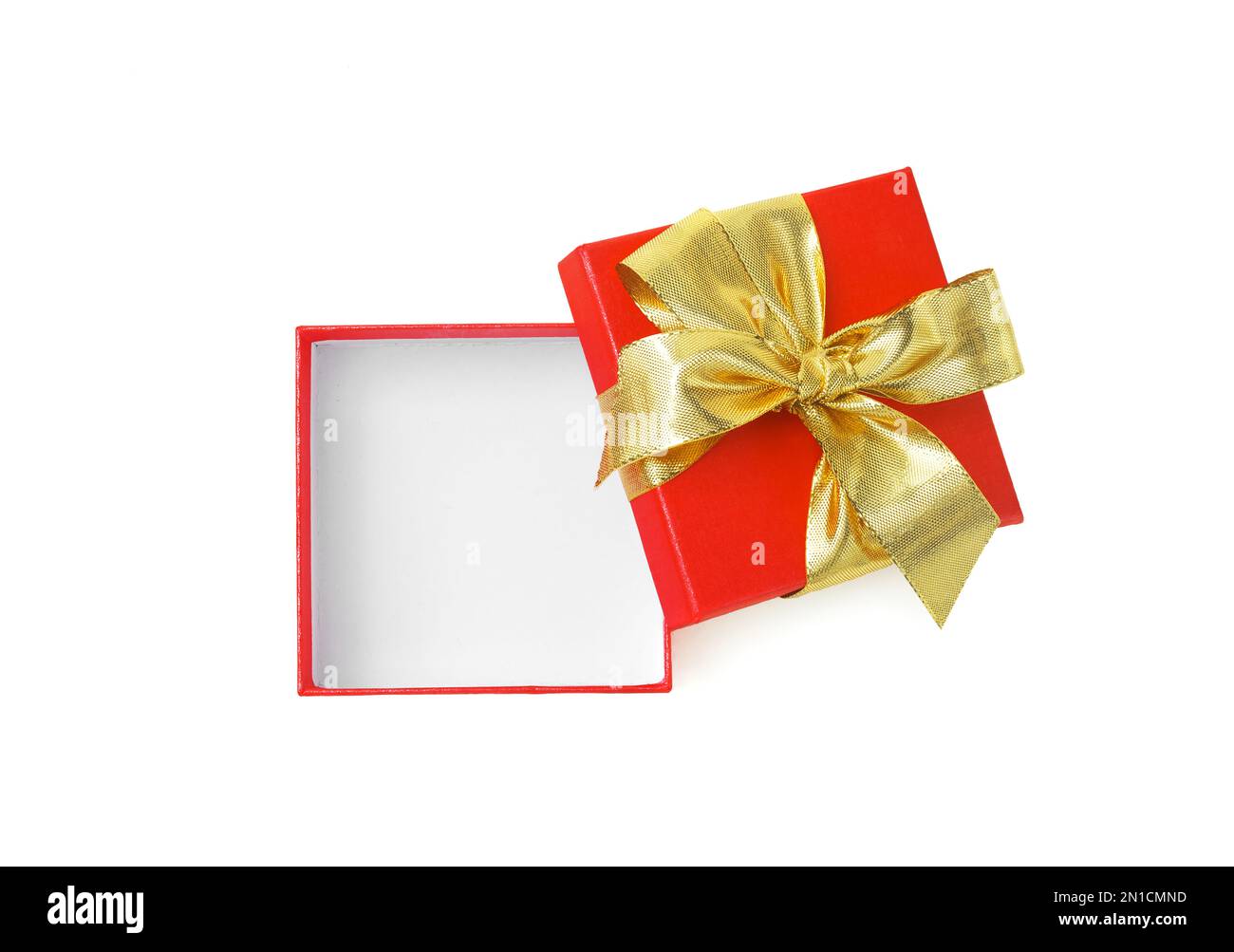 Red open gift box with golden bow and ribbon isolated on white Stock ...
