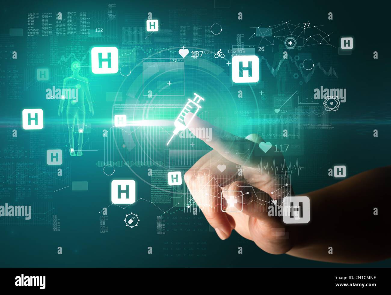 Doctor hand pressing futuristic health device with medical symbol on screen Stock Photo - Alamy