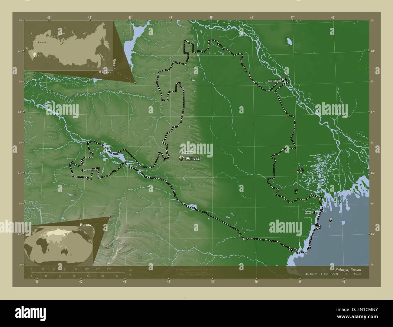 Kalmyk, republic of Russia. Elevation map colored in wiki style with ...