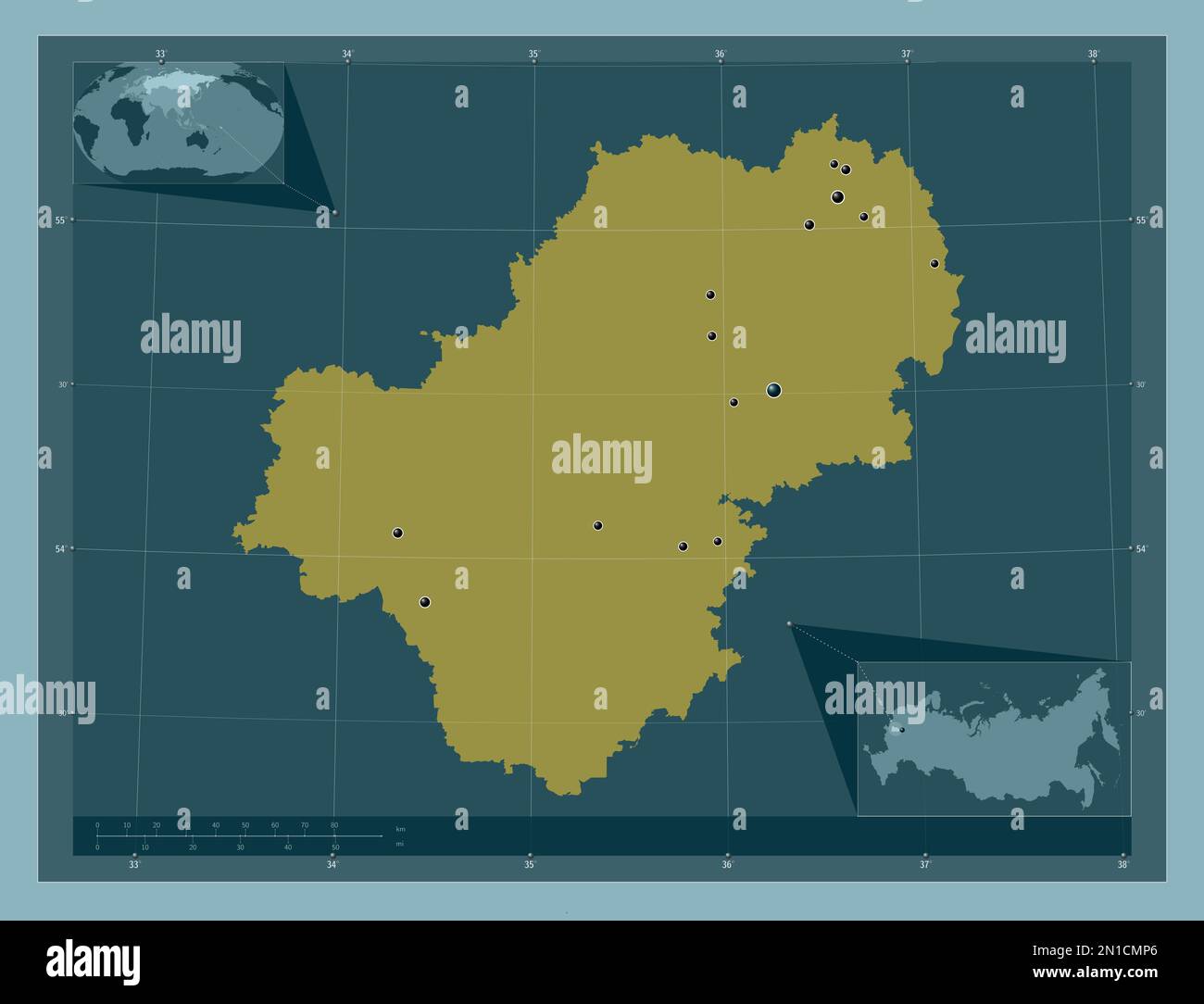 Kaluga, region of Russia. Solid color shape. Locations of major cities ...
